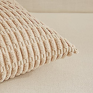 Fancy Homi 4 Packs Neutral Decorative Throw Pillow Covers 18x18 Inch for Living Room Couch Bed Sofa, Rustic Farmhouse Boho Neutral Home Decor, Soft Plush Striped Corduroy Square Cushion Case 45x45 cm