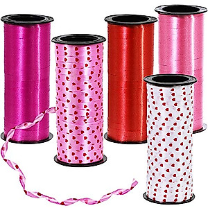 Supla 5 Rolls Red Hearts Printed Curling Ribbon Trim Decorative Party Balloon Ribbons Curling Ribbon Spools Gift Wrapping in Red Fuchsia Pink White 0.2" 5mm Wide for Valentine's Day Crafts