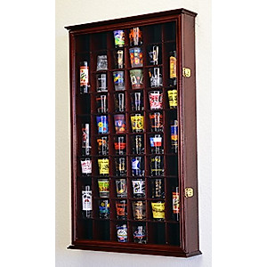 54 Shot Glass Shooter Display Case Holder Cabinet Wall Rack w/UV Protection -Cherry
