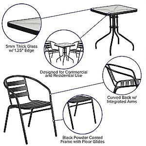 Flash Furniture Lila 23.5'' Square Glass Metal Table with 2 Black Metal Aluminum Slat Stack Chairs