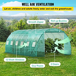 VEVOR Walk-in Tunnel Greenhouse, 20 x 10 x 7 ft Portable Plant Hot House w/Zippered Door, 12 Roll-up Windows, Galvanized Steel Hoops, 3 Top Beam, and 4 Diagonal Poles, Green