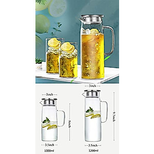 Glass Pitcher with Lid, 34 Oz Heat Resistant Glass Water Carafe with Handle for Fridge, Small Pitcher for Iced Tea, Milk, Hot and Cold Beverage, Glass Juice Jug 1000ML/34oz