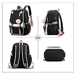 Teen Girls School Backpack with USB Port, Kids Black Backpack Lightweight Waterproof Can Hold 15.6 Laptop, Tablet.cute backpacks for high school Can Be Used As Gifts For Students Or Friends (Black)