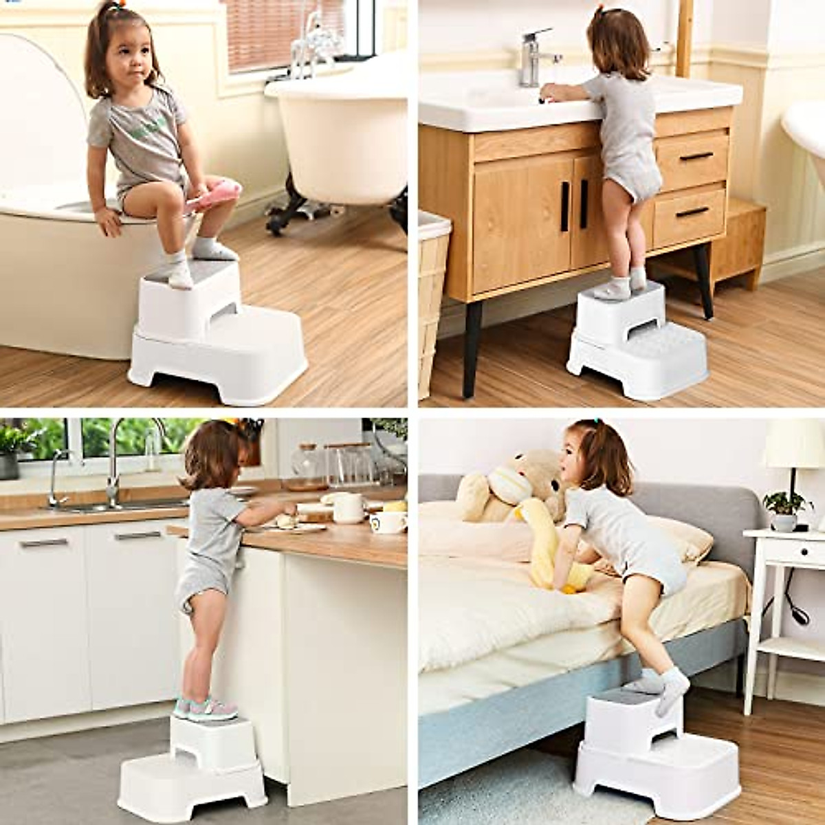 Two Step Stool for Kids, Double up Toddler Step Stool for Potty Training, Kitchen, Bathroom, Toilet Stool with Anti-Slip Strips for Safety, Stackable, Wide Step (1 Pack White)