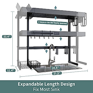2023 Model，Over The Sink Dish Drying Rack 3-Tier Dish Drying Rack Over Sink Adjustable Length(26-37.5in), Stainless Steel Dish Drainer, Dishes Rack Kitchen Pots, pans, dishes and pots Organizer