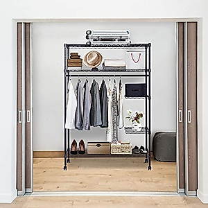 JS HOME Heavy Duty Garment Rack, Free-Standing Rolling Clothes Rack with Fitted Brown Oxford Cover, Extra Large Wardrobe Storage Rack/Organizer