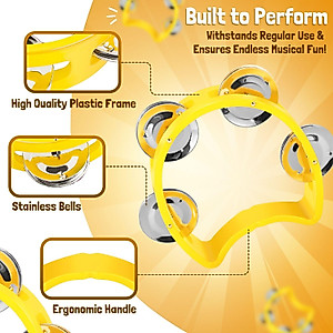 Flexzion Half Circle Tambourine Hand Held Percussion Instrument Plastic Mini Tambourines Half Moon D-Shaped Musical Instruments, Non Professional Tambourine, 2 Pack, Yellow
