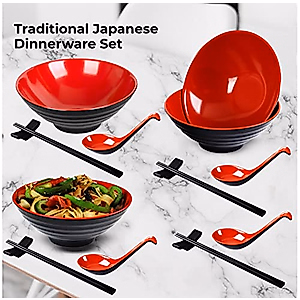 ANNIE'S KITCHEN Japanese Ramen Bowl Set of 4 Naruto Ramen Bowl With Chopsticks and Stands - Large Ramen Bowls Pho Bowls and Spoons Set 16 Piece Melamine (Red)