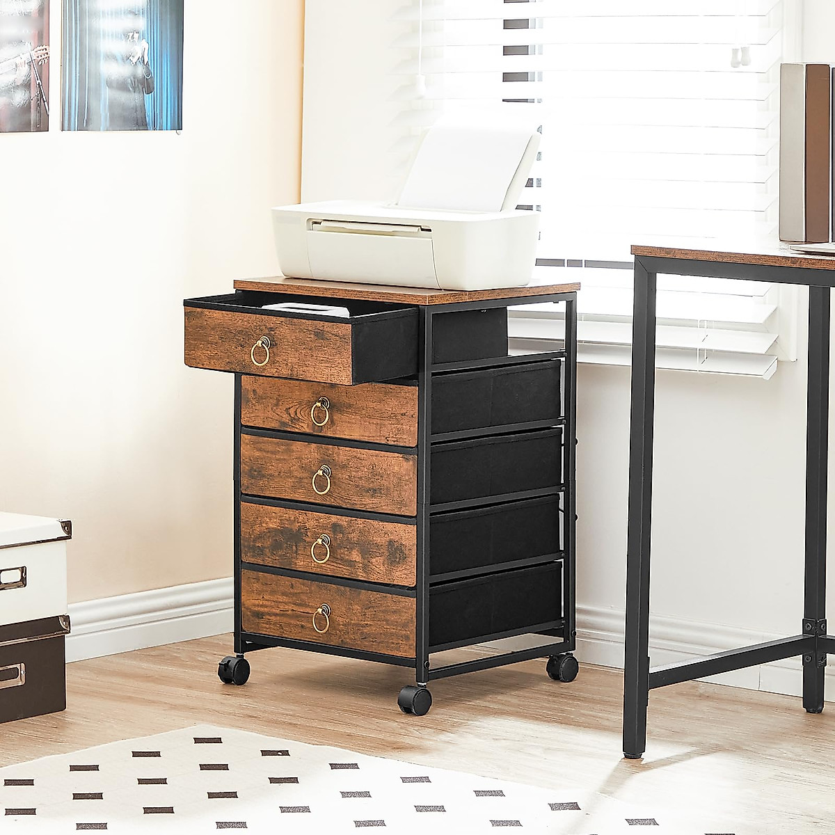 HOOBRO 5-Drawer Chest, File Cabinet, Office Cabinet with Drawers, Rolling Printer Stand, Filing Cabinet for Living Room, Home Office, Nonwovens Drawer, Easy Assembly, Rustic Brown BF50WJ01