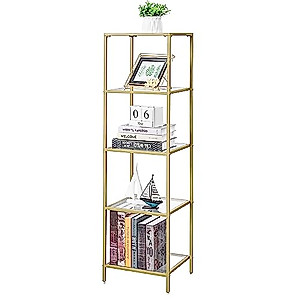 Homhedy 5-Tier Bookshelf,Metal Bookcase,Tempered Glass Shelves,Storage Rack Shelf for Home Office ,Living Room,Bedroom, Bathroom,Modern Style,Golden