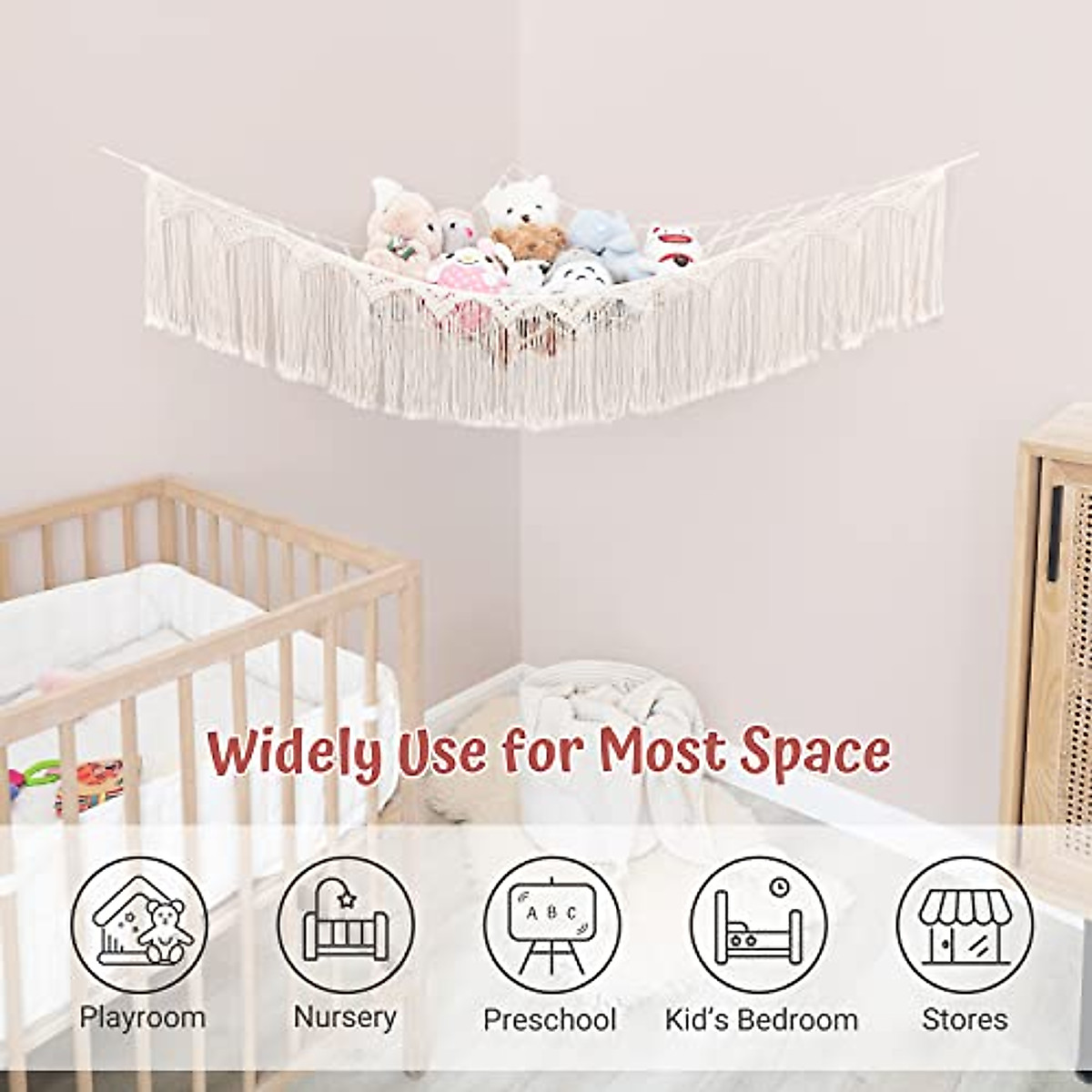 Mkono Stuffed Animal Hammock Macrame Toy Storage Organizer with Lights and Tassels Boho Hanging Stuff Animals Net Large Capability Corner Toys Display Holder for Nursery Kid Room Playroom, 1 piece