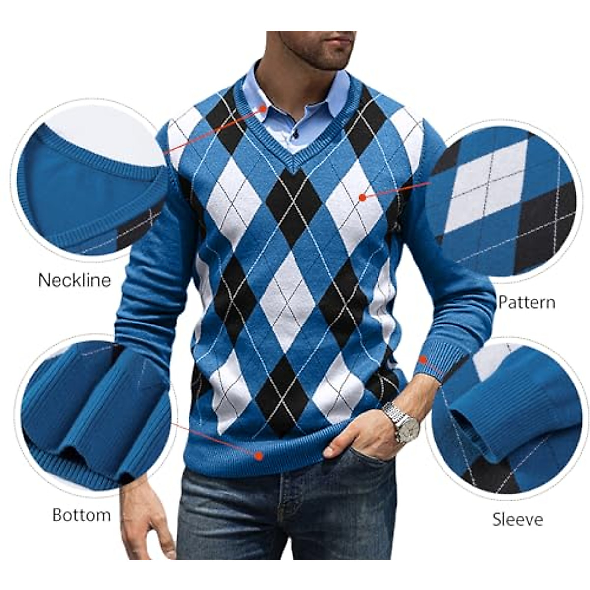 JMIERR Mens Pullover Knitted V Neck Long Sleeve Argyle Sweater, US 43(L), Sky Blue