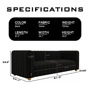 BuLaXong Velvet Couch Modern Tufted Sofa 3-Seater with Metal Ball Legs and Rounded armrest, Suitable for Living Room, Hotel, Office, or Apartment (01-black-51)