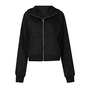 Women's Hoodies Zip Up Women's Fashion Hoodies & Sweatshirts Casual Long Sleeve y2k Clothes Full Zip Up Cropped Hoodie Jacket With Pockets Black S
