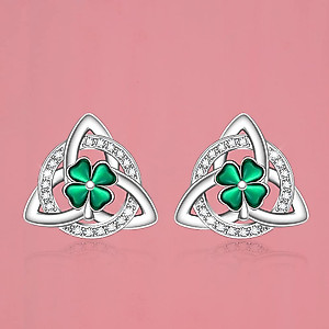 Shamrock Earrings St Patricks Day Earrings for Women Sterling Silver Four Leaf Clover Earrings Celtic Knot Good Lucky Irish Clover Stud Friendship Triangle Jewelry Birthday Gifts