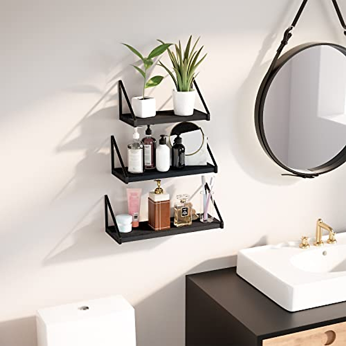 Love-KANKEI Floating Shelves,Rustic Shelves Wall Mounted Set of 3, Wall Storage Shelves for Living Room, Bedroom, Kitchen Black