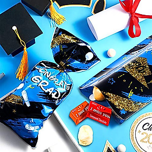 100 Pieces Graduation Cellophane Treat Bags, Congrats Graduates Candy Present Bags Plastic Clear Goodie Wrapping Bags with 100 Silver Twist Ties for Graduation Day (Blue)