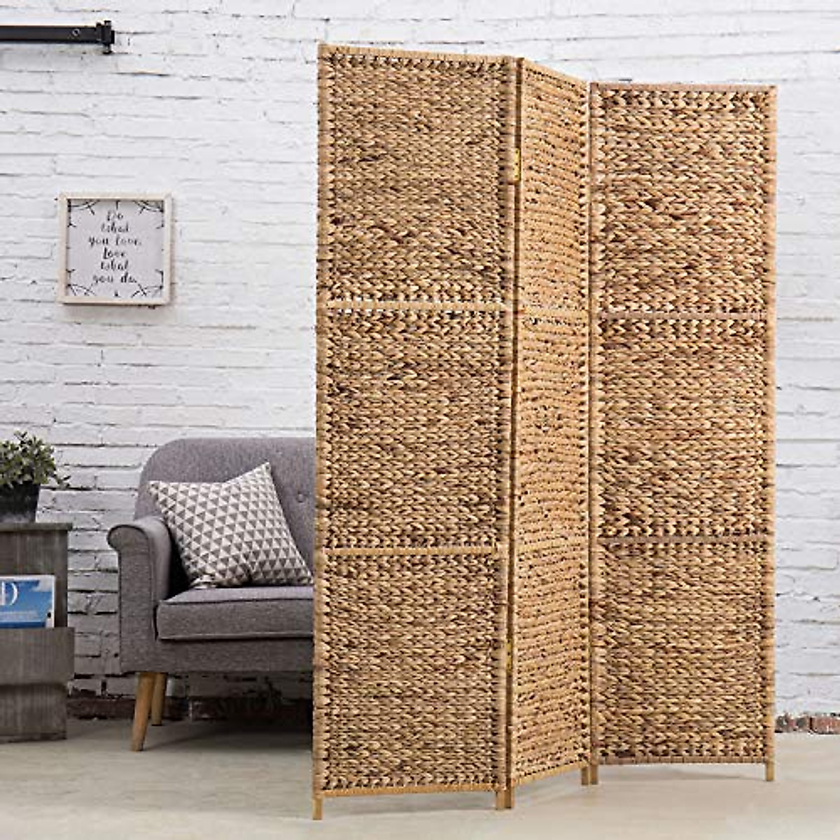 MyGift Handwoven Seagrass 3 Panel Room Divider Screen with Wood Frame, Folding Partition Room Divider, Brown