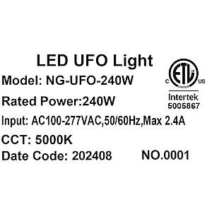ZGDZ LED UFO High Bay Light, 240W Highbay LED Shop Light, 36,000 Lumens Super Bright, 5000K, 0-10V Dimmable, 5' Cable Plug, Industrial Grade, ETL Listed