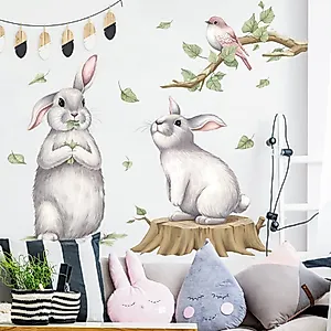 NOA 2 Cute Rabbit Wall Stickers with Bird On The Branches Decals, Removable Cartoon Animal Bunny 3D Vinyl Wallpaper Decor, DIY Art Mural for Nursery Baby Bedroom Living Room