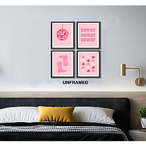 Hot Pink Howdy Western Cowgirl Boots Hats Bull Skull Disco Ball Poster Prints for Home Girls Room Dorm Decor,Preppy Decorations Prints Wall Art Unframed 4pcs 8x10 Inches,Teen Girls Cowgirls Gifts