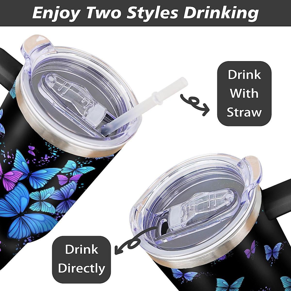 Thmasamwr Butterfly Tumbler With Lid, Straw and Handle - 40oz Stainless Steel Travel Coffee Mug Water Bottle - Gift Cup for Women and Girls