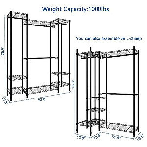 Serxis Garment Rack Heavy Duty Clothes Rack for Hanging Clothes,Metal Garment Rack,Freestanding Clothing Rack,Adjustable Custom Closet Rack,54" L x 13.8" W x 75.8" H, Max Load 750LBS,Black