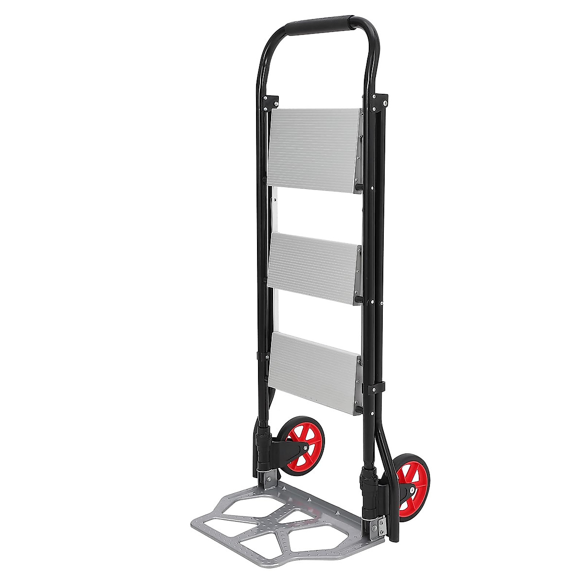 2-in-1 Hand Truck 3-Step Ladder, 250 LBS Load Capacity Folding Hand Truck Dolly with 2 Wheels, Portable Step Stool with Extra Wide Non-Slip Pedal, Multi-Use Ladder Cart for Household, Kitchen, Office