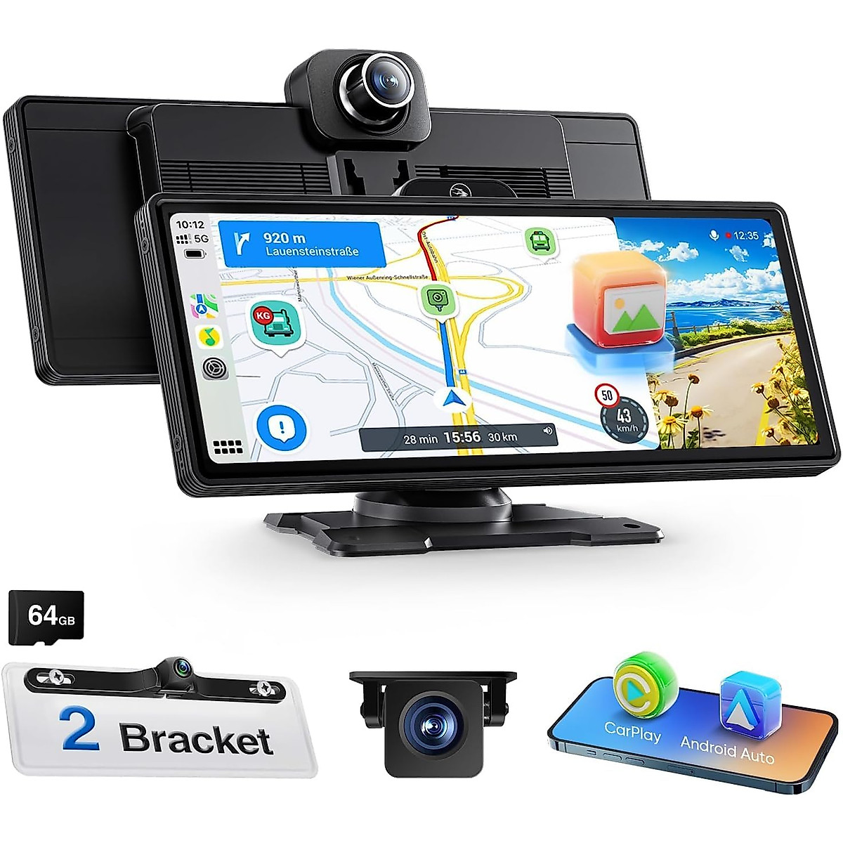 10.26'' Wireless Carplay and Android Auto, Portable Car Stereo with 4K Dash Cam, 1080P Backup Camera, Drivemate Carplay Screen with Bluetooth/Navigation/MirrorLink