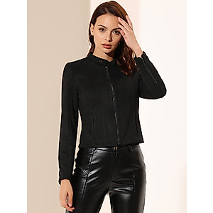 Allegra K Women's Faux Suede Jacket Stand Collar Zip Up Long Sleeve Motorcycle Biker Coat X-Large Black