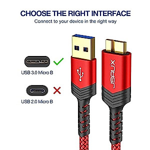 JSAUX Hard Drive Cable [2 Pack,0.3M+1M] USB 3.0 A to Micro B Nylon Cable Compatible with Portable External Hard Drives,WD Elements,Seagate Expansion,Toshiba,Samsung M3 1TB/Galaxy S5/Note 3-Red