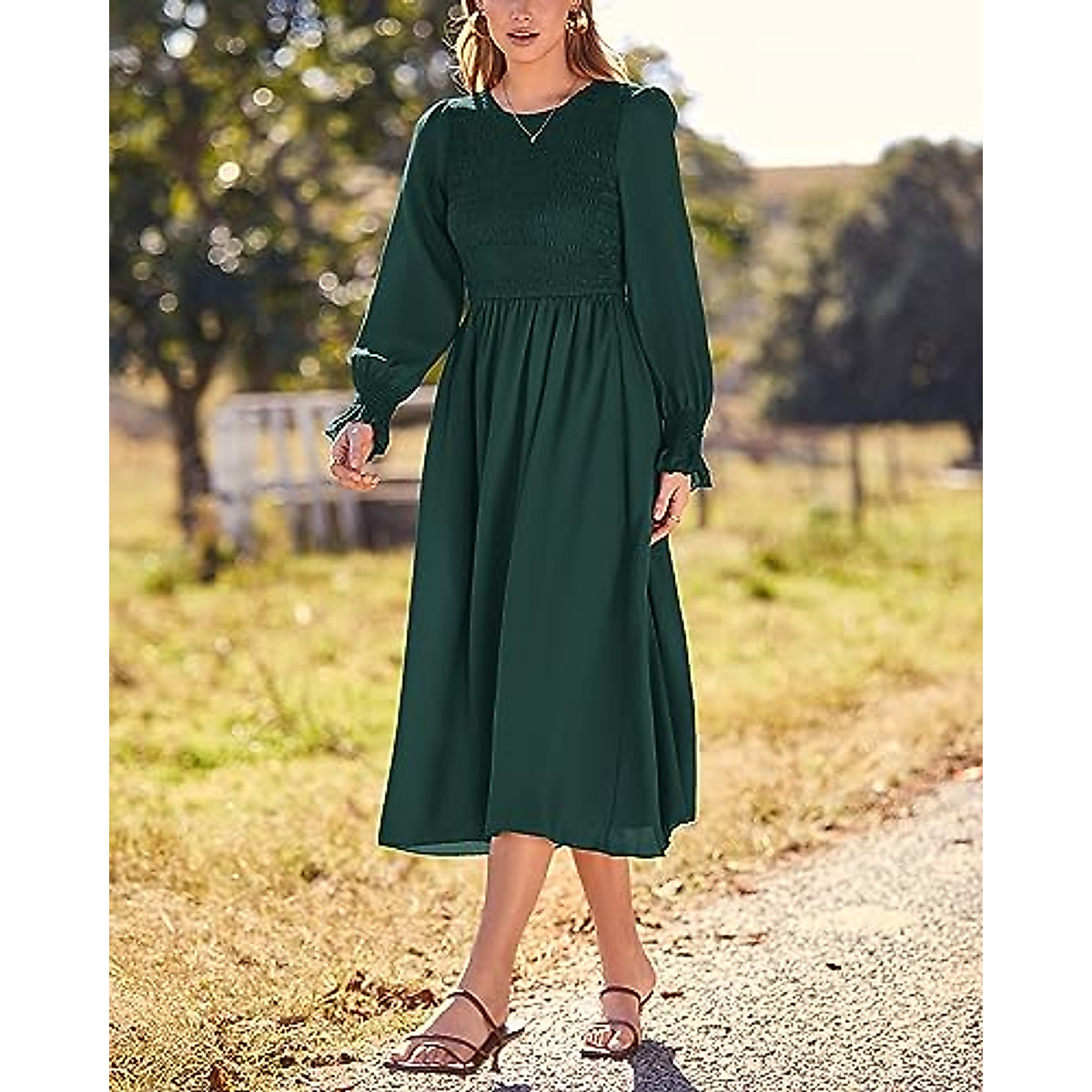 dowerme Women Casual Petal Long Sleeve Crewneck Smocked A-Line Flowy Solid Maxi Dress Fall Winter Party Cocktail Dresses(Solid Dark Green,Small)