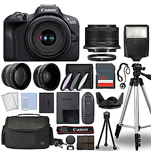 Canon EOS R100 Mirrorless Digital Camera Body Black with Canon RF-S 18-45mm f/4.5-6.3 is STM Lens 3 Lens Kit with Complete Accessory Bundle + 128GB + Flash & More - International Model (Renewed)