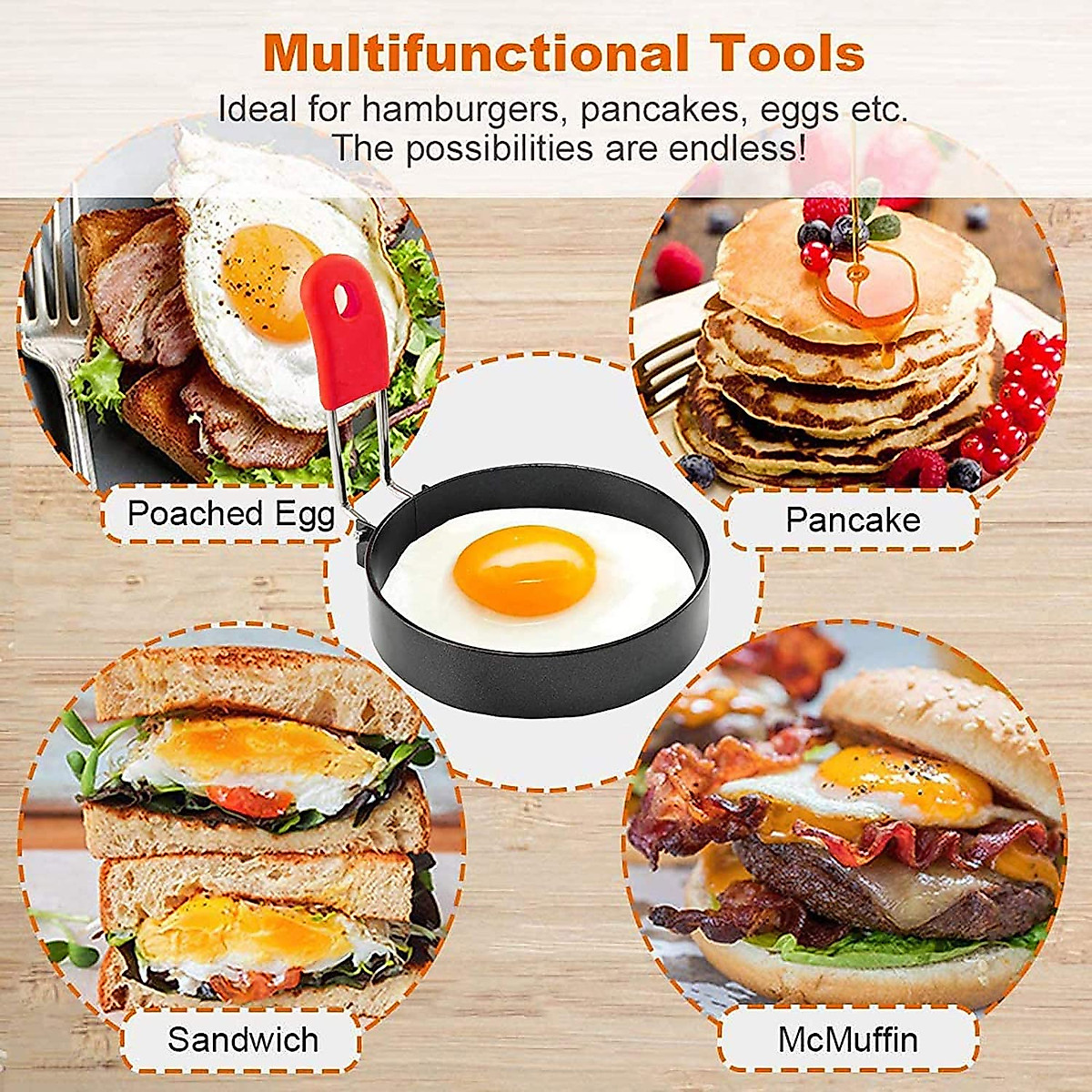 Egg Rings Set of 4, Non-stick Stainless Steel Egg Ring, Cooking Rings with Anti-scalding Handle for Camping and Breakfast (Oil Brush Included)