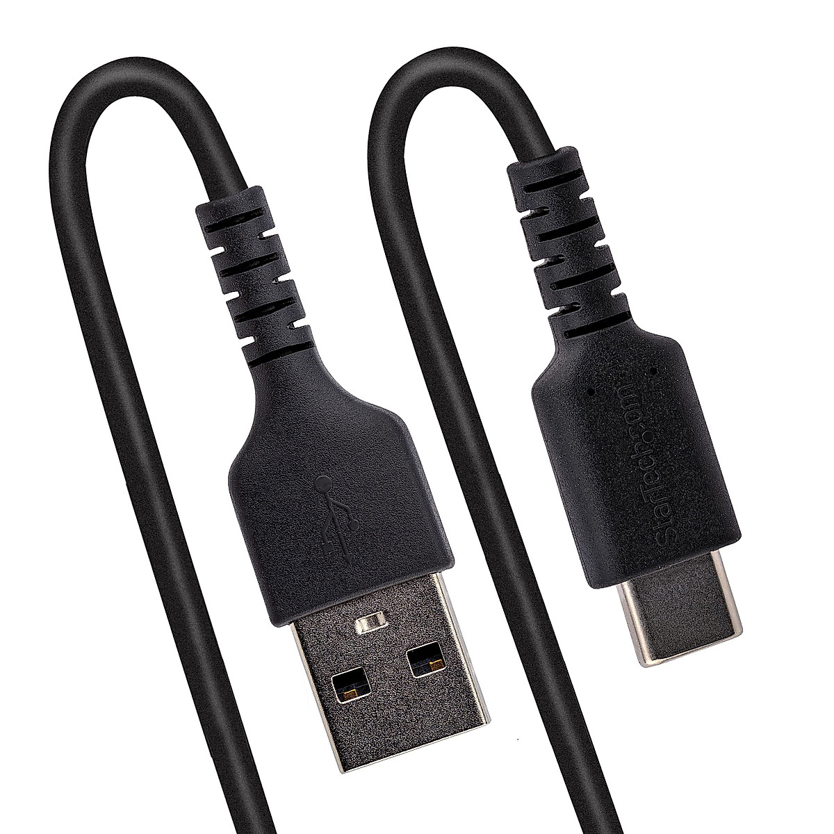 StarTech.com 3ft (1m) USB A to C Charging Cable, Coiled Heavy Duty Fast Charge & Sync USB-C Cable, USB 2.0 A to Type-C Cable, Rugged Aramid Fiber, Durable Male to Male USB, Black (R2ACC-1M-USB-CABLE)