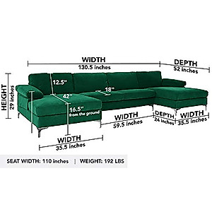 Sofamania Modern Large Velvet Fabric U-Shape Sectional Sofa, Double Extra Wide Chaise Lounge Couch, Green