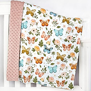 Floral Baby Blanket for Girls Soft Comfy Minky Toddler Blanket with Double Layer Dotted Backing, Beauty Butterfly Printed Bed Blanket for Nursery Crib Decor 30 x 40 Inch(75 x 100 cm)