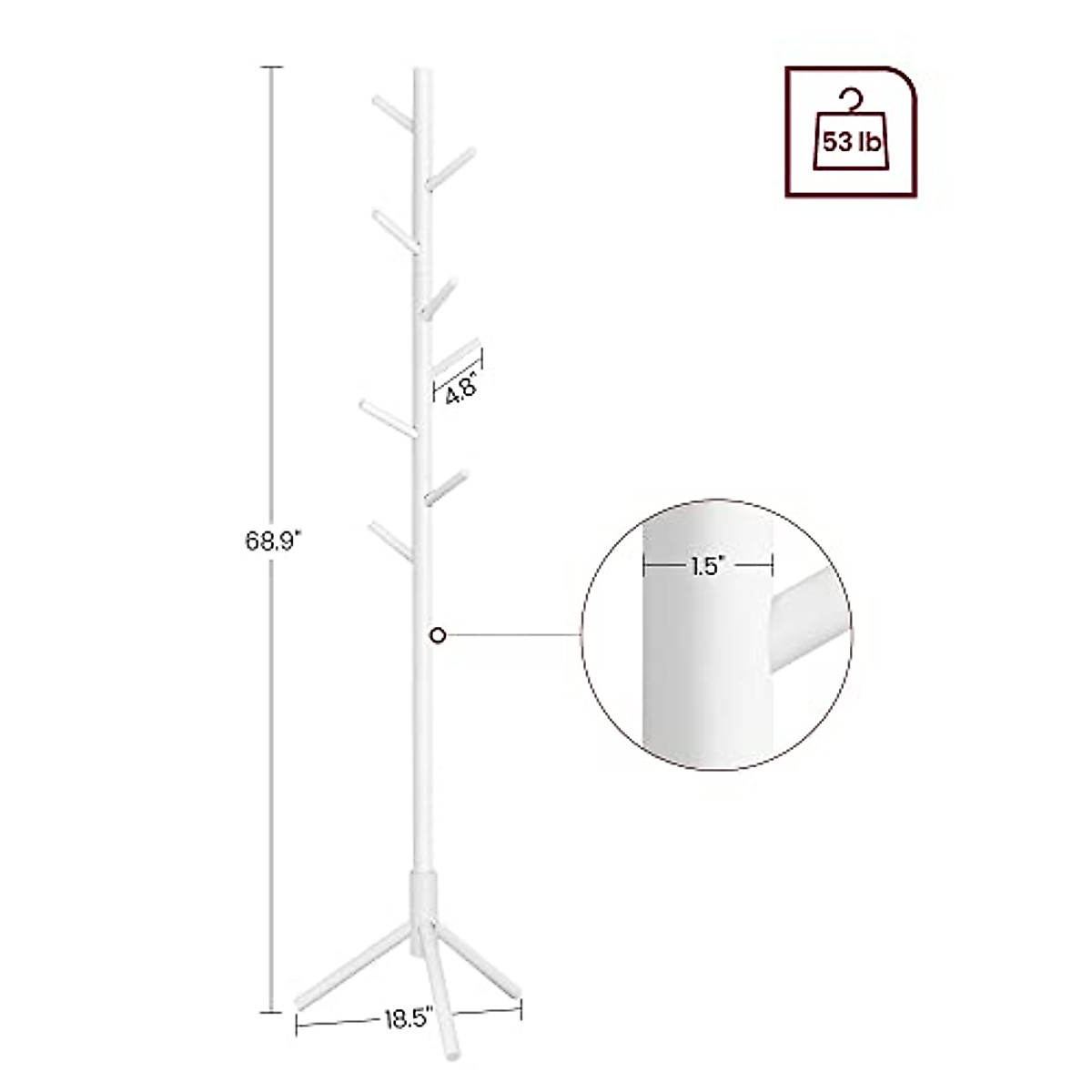 VASAGLE Solid Wood Coat Rack, Free Standing Coat Rack, Tree-Shaped Coat Rack with 8 Hooks, 3 Height Options, for Clothes, Hats, Bags, for Living Room, Bedroom, Home Office, White URCR04WT