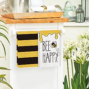 Artoid Mode Cute Bee Happy Bee Kind Summer Kitchen Towels, 18 x 26 Inch Holiday Spring Ultra Absorbent Drying Cloth Dish Towels for Cooking Baking Set of 4