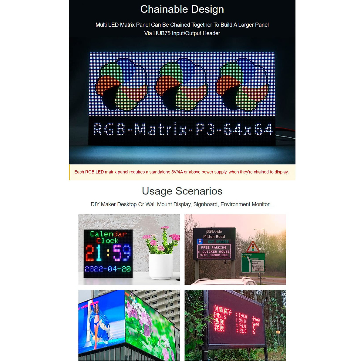waveshare 64x64 4096 Pixels RGB Full-Color LED Matrix Panel 3mm Pitch Displaying Text/Colorful Image/Animation Adjustable Brightness Chainable Design,Compatible with Arduino/Raspberry Pi