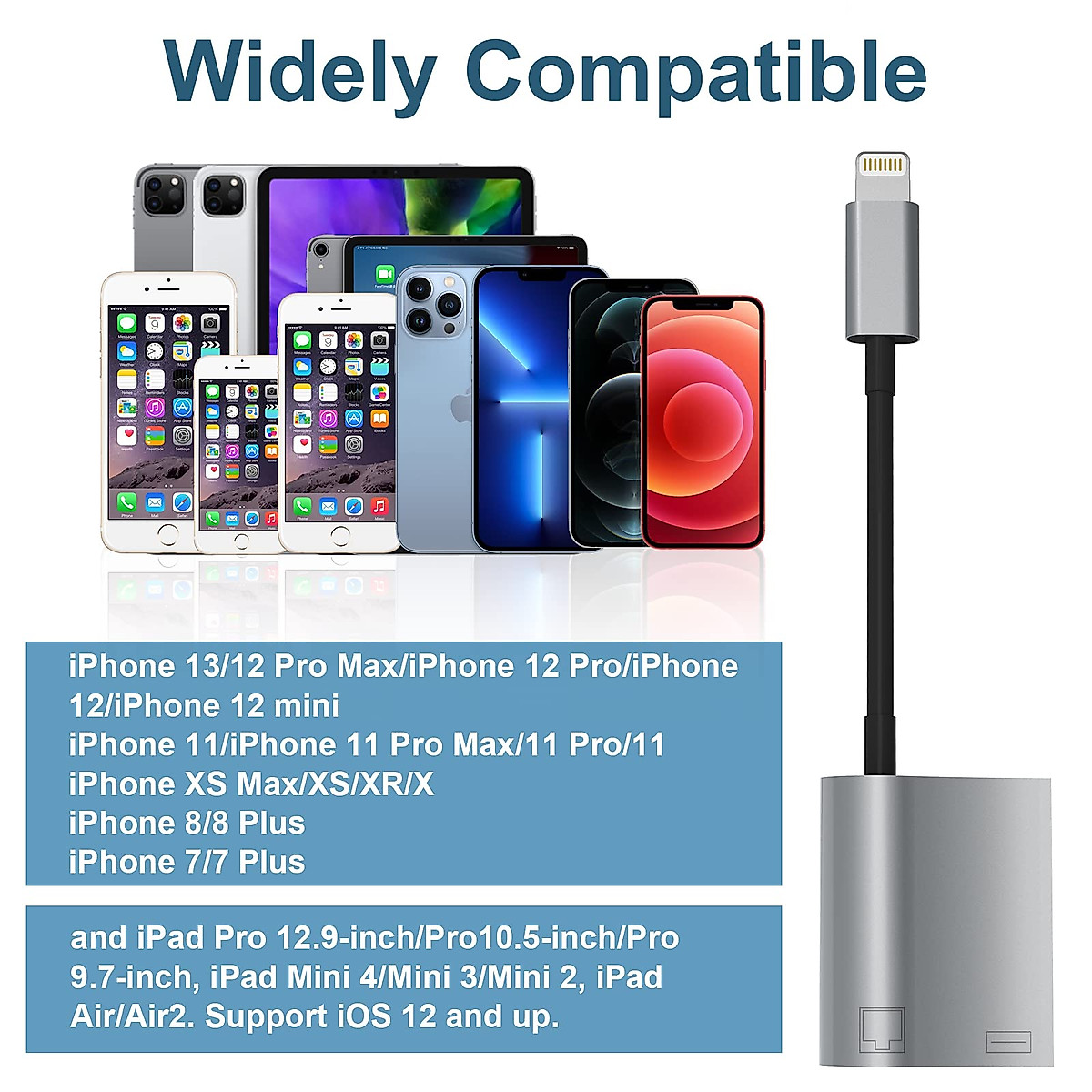 [Apple MFi Certified] 2 in 1 RJ45 Ethernet LAN Network Adapter, Lightning to RJ45 Ethernet Adapter with Charge Port Compatible with iPhone/iPad/iPod, Plug and Play, Supports 100Mbps Ethernet Network