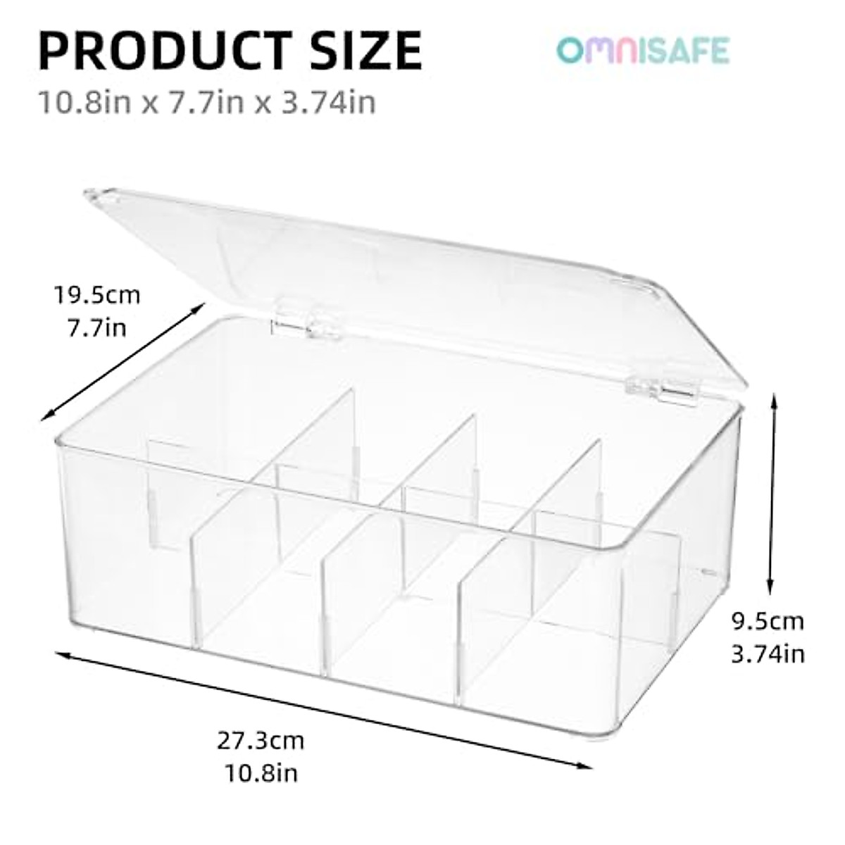 OMNISAFE Divided Clear Plastic Organizer Bin with Hinge Lid, 8 Sections Tea Bag Storage Box for Kitchen, Snacks, Spice Packets,Pouches, Stackable Storage Bin