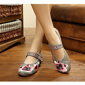 Lazutom Vintage Chinese Style Women Embroidered Shoes Mary Jane Flat Casual Ladies Mary Jane Qipao Dress Shoes (EU 39, Grey)
