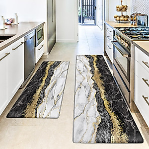 Black Gold Marble Kitchen Mat and Rugs 2 Pieces Anti Fatigue Cushioned Kitchen Floor Mat Non-Slip Leather Kitchen Mats Set for Home Office Laundry