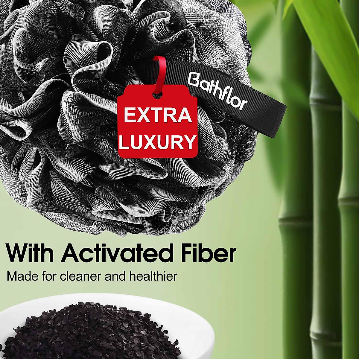 Bathflor Loofah Sponge Exfoliating Body Scrubber: 4PCS Extra Large 80g Shower Loofahs Poufs, 1PCS Long Handle Loofa Back Scrubber, 1PCS Luffa Hook, Charcoal Loofah Pack for Women Men Bath Wash, Black