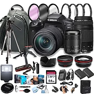 Canon EOS 90D DSLR Camera w/EF-S 18-135mm f/3.5-5.6 is USM Zoom Lens + 75-300mm F/4-5.6 III Lens+ 64GB Memory Cards, Professional Photo Bundle (42pc Bundle)