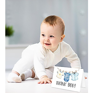 JarThenaAMCS 36 Pack Blue Clothesline Baby Shower Thank You Cards with Envelopes Stickers Onesie Boy Baby Cloth Blank Gratitude Note Cards Gift for Birthday Gender Reveal Party Supplies
