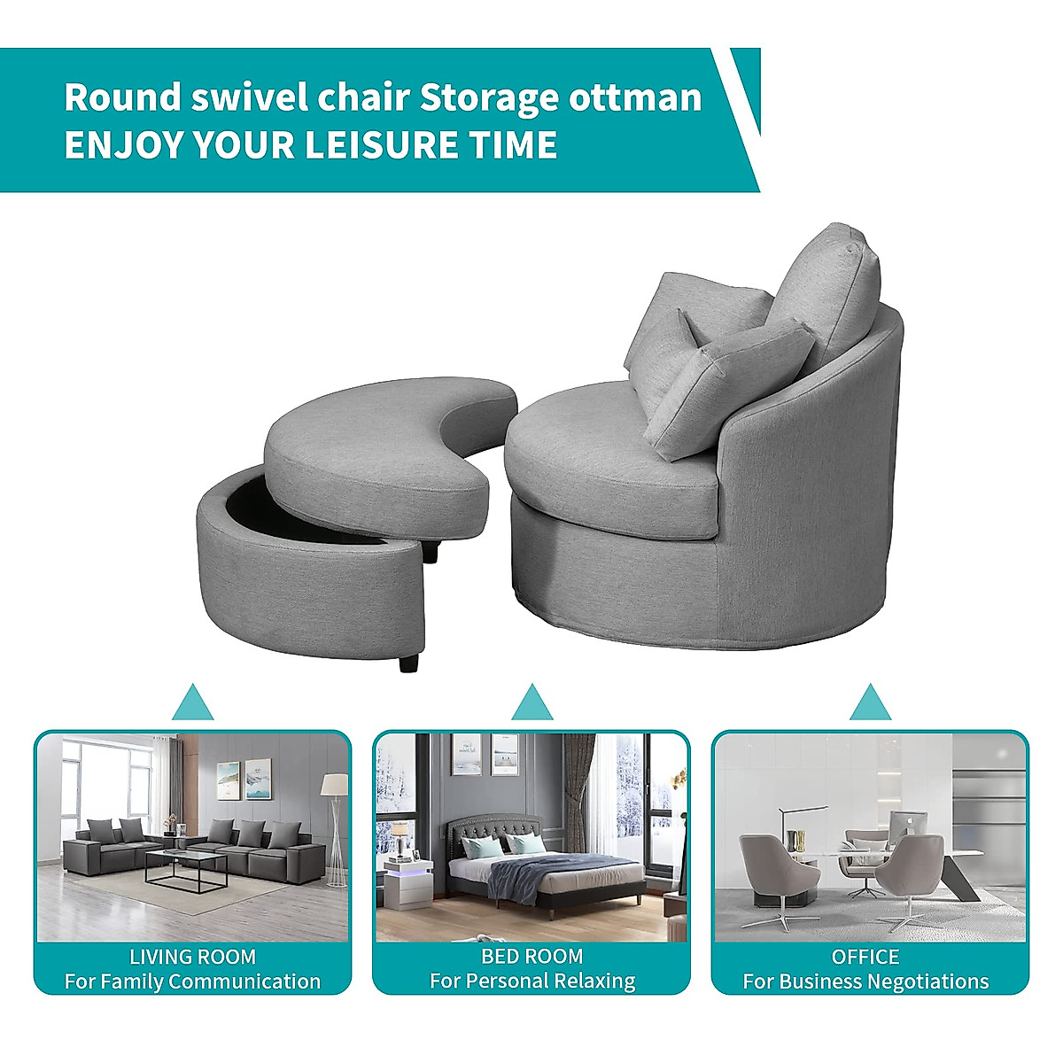 BALUS Modern Swivel Accent Barrel Sofa Chair, with Half Moon Storage Ottoman, Linen Fabric Leisure Round Chair,Sofa Lounge Chair with 3 Throw Pillow for Living Room Hotel/Club (Light Grey)