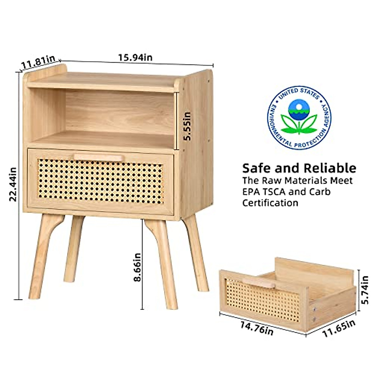 Lerliuo Rattan Nightstand, Boho Side Table with Drawer Open Shelf, Cane Accent Bedside End Table with Solid Wood Legs for Bedroom, Dorm and Small Spaces