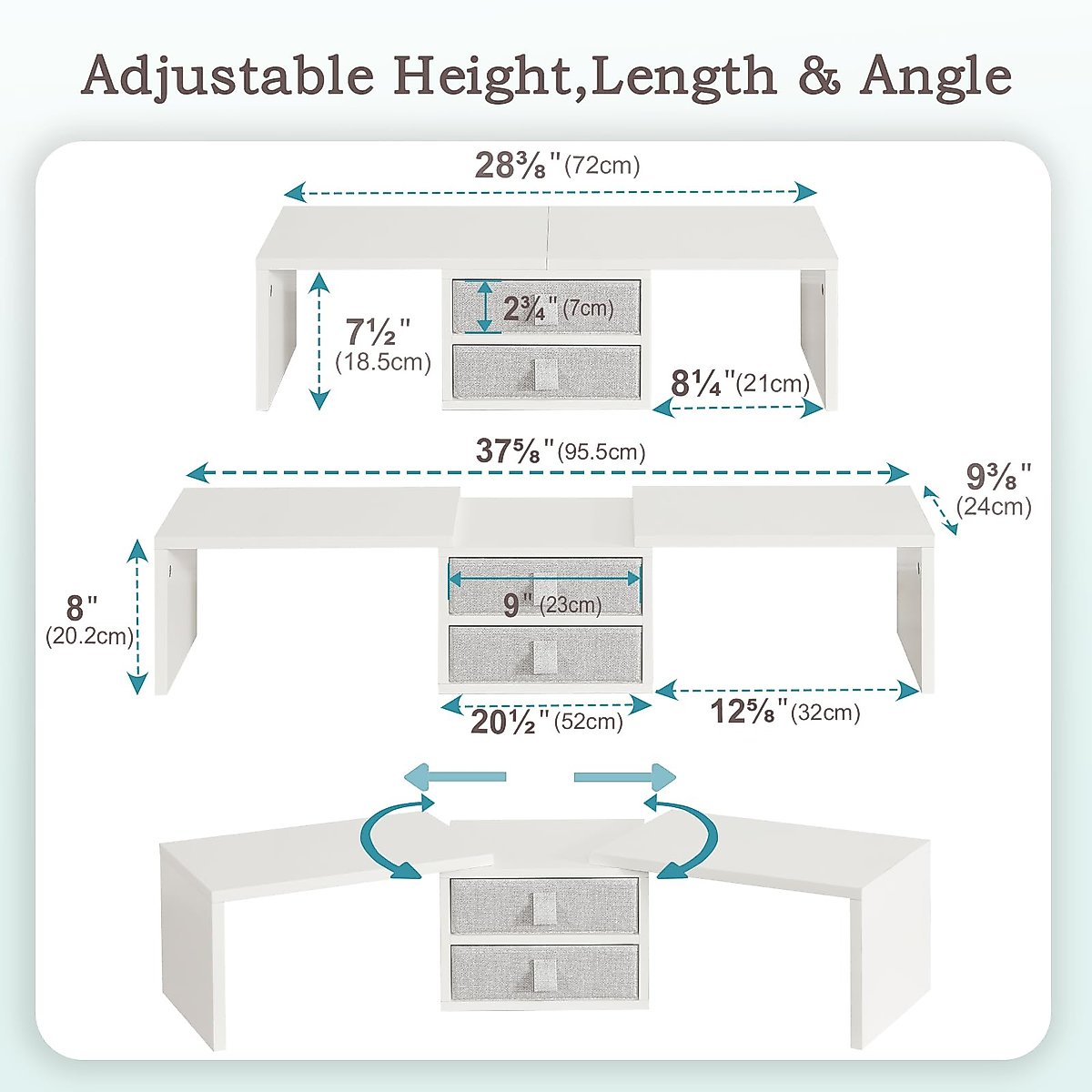 TEAMIX Dual Monitor Stand Riser with 2 Drawers - Length and Angle Adjustable White Monitor Stand with Storage Large Computer Riser for 2 Monitors/Laptop/PC, Wood Screen/TV Stand Desk Organizer
